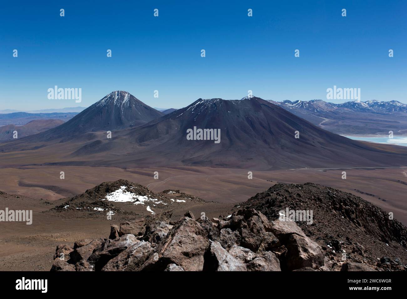 View of landscape from Cerro Toco stratovolcano in the Atacama desert ...