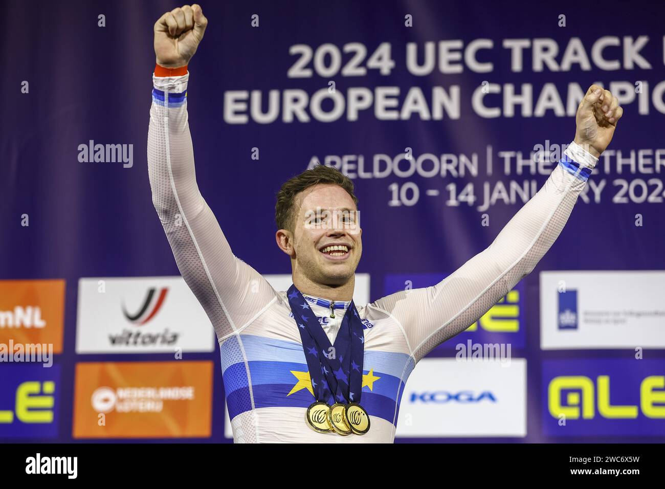 APELDOORN - Harrie Lavreysen with his gold medals won during the ...