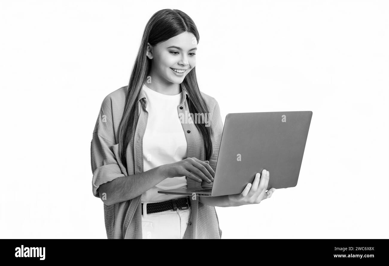 happy teen school girl has education with laptop isolated on white ...