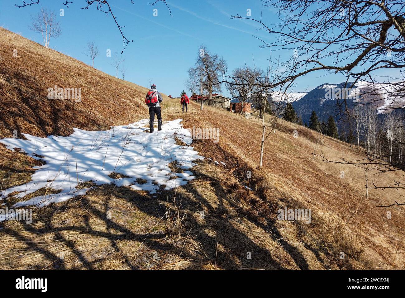 Trekking in snowy weather in the mountains of Trabzon province in ...