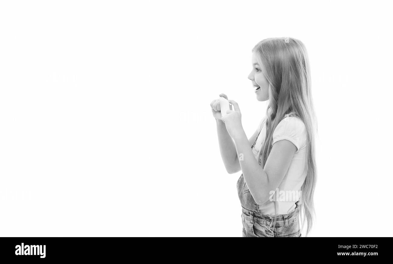 smiling teen girl blogger making photo with copy space. teen girl ...