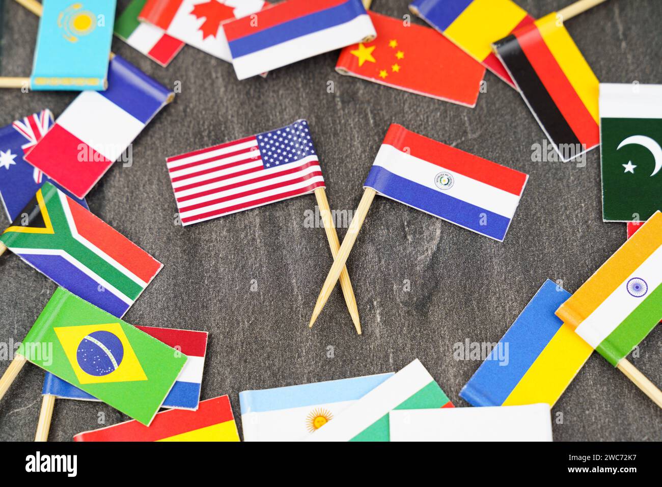 Policy. National flags of different countries. The concept is diplomacy ...