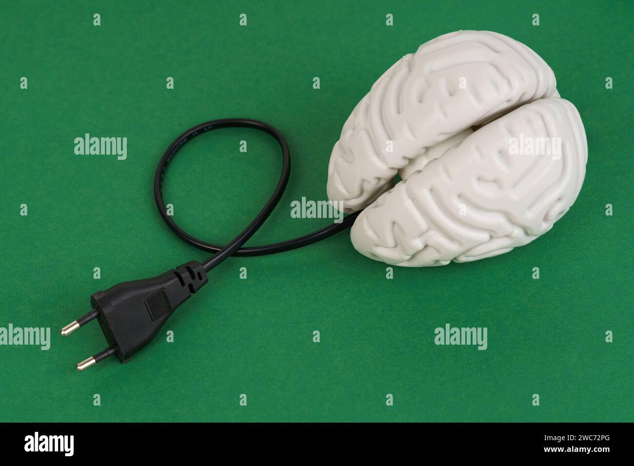 Brain with an electric wire for charging on a green background ...