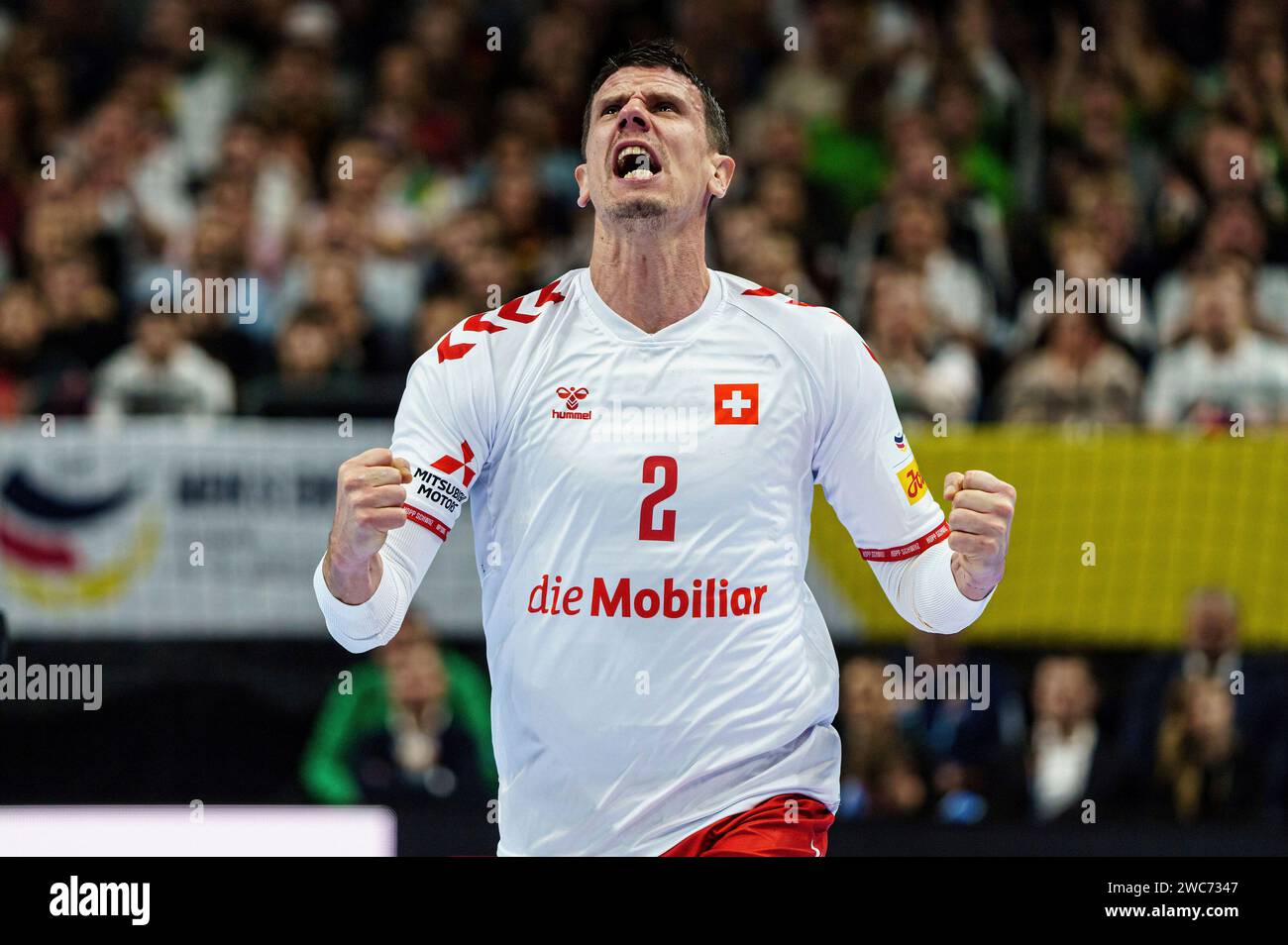 Berlin, Deutschland. 14th Jan, 2024. Jubel nach Tor Andy Schmid (Schweiz, #02) GER, Schweiz vs ...