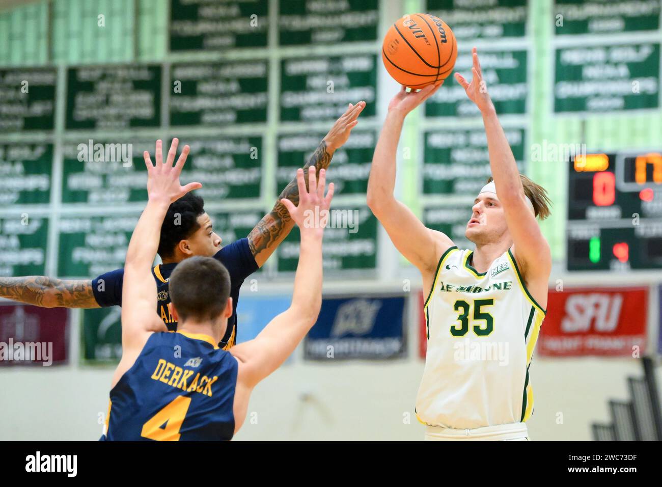 Syracuse, NY, USA. 13th Jan, 2024. Le Moyne Dolphins guard Nate McClure ...