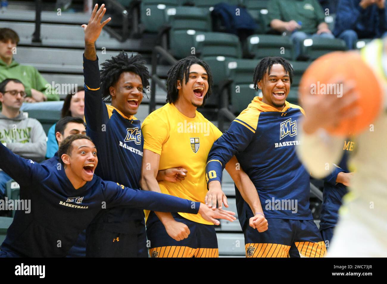 Syracuse, NY, USA. 13th Jan, 2024. Merrimack Warriors players reacts to ...