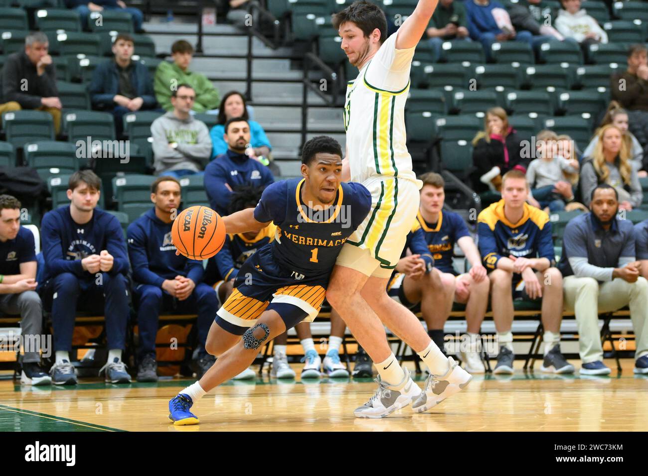 Syracuse, NY, USA. 13th Jan, 2024. Merrimack Warriors guard Jaylen ...