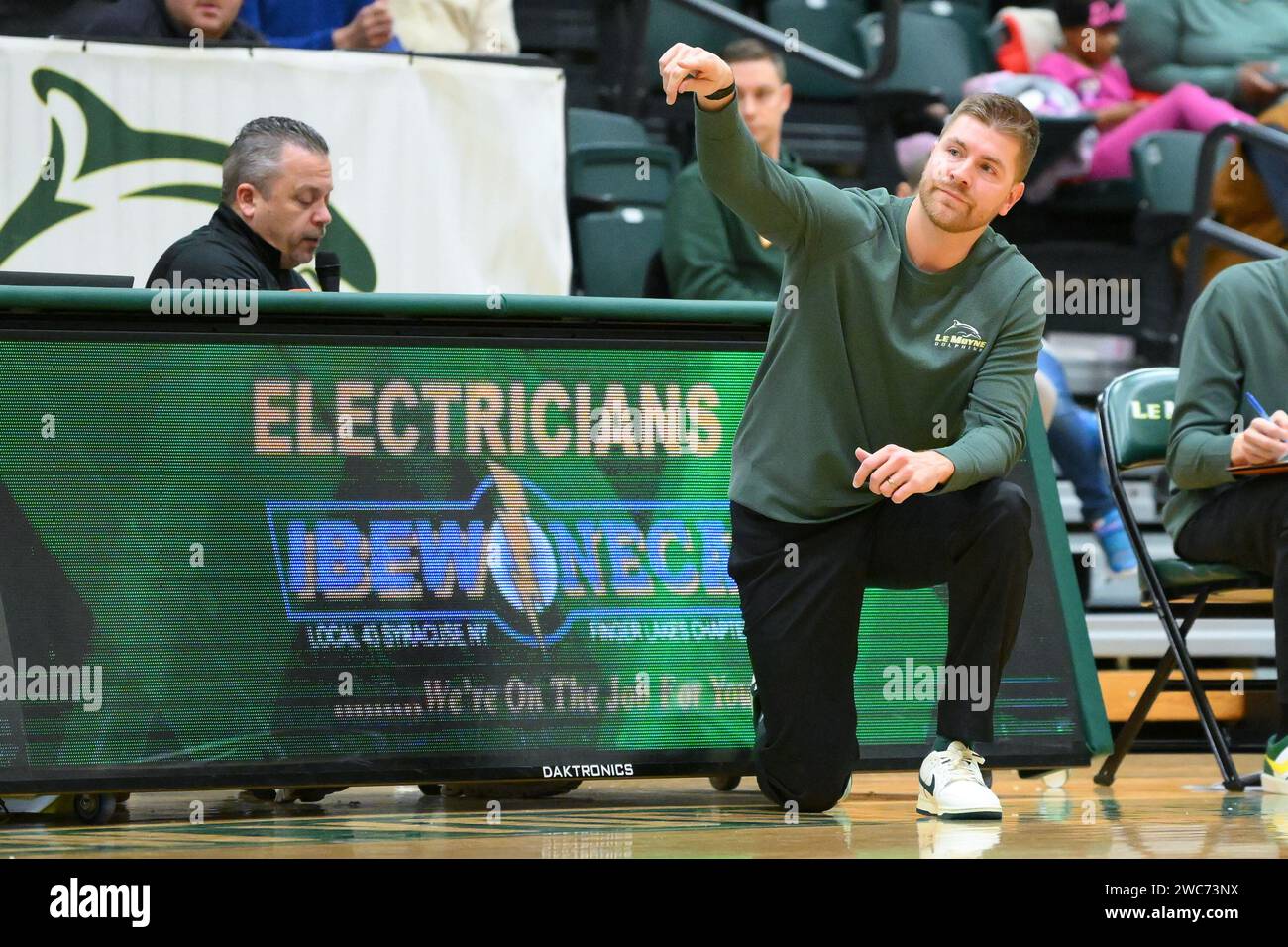 Syracuse, NY, USA. 13th Jan, 2024. Le Moyne Dolphins head coach Nate ...