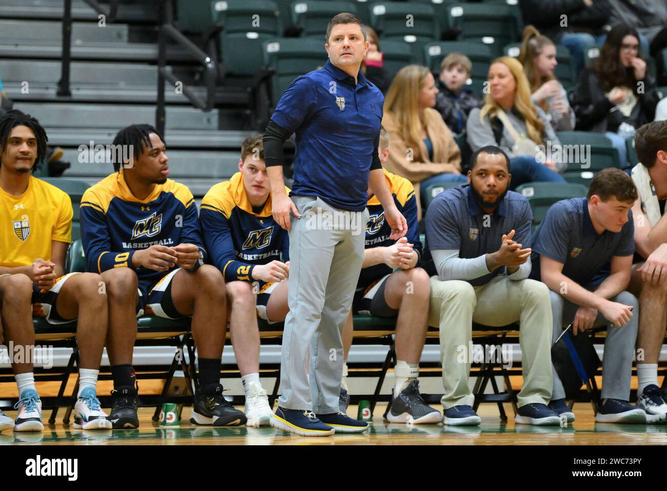 Syracuse, NY, USA. 13th Jan, 2024. Merrimack Warriors head coach Joe ...