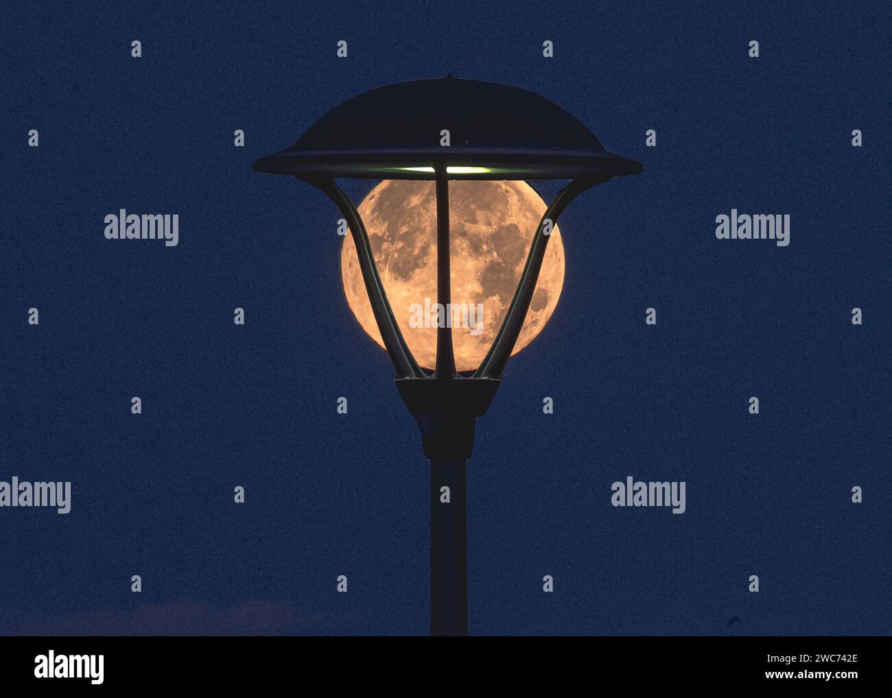 A luminous full moon casts its glow against the backdrop of a strikingly dark night sky, while a ...