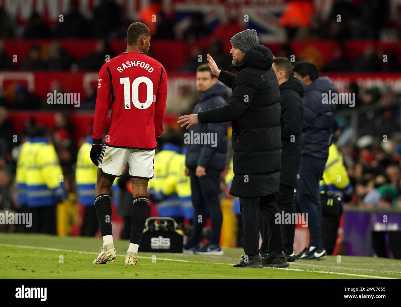 Manchester United's Marcus Rashford with manager Erik ten Hag on the ...