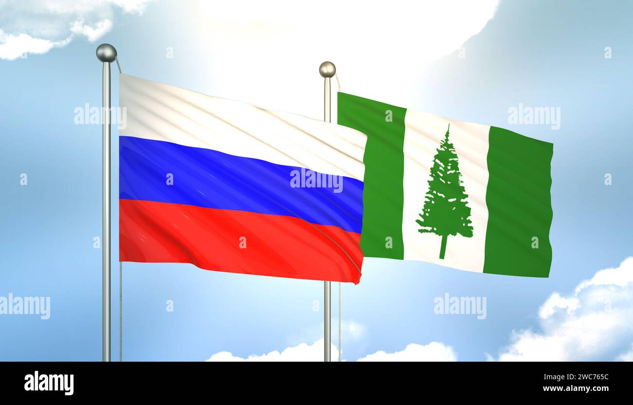 3D Waving Russia and Norfolk Island Flags on Blue Sky with Sun Shine ...