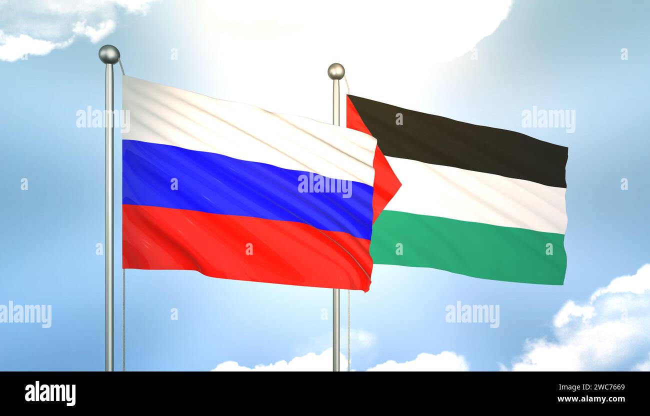 3D Waving Russia and Palestine Flags on Blue Sky with Sun Shine Stock ...