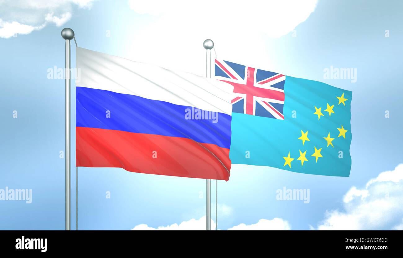 3D Waving Russia and Tuvalu Flags on Blue Sky with Sun Shine Stock ...