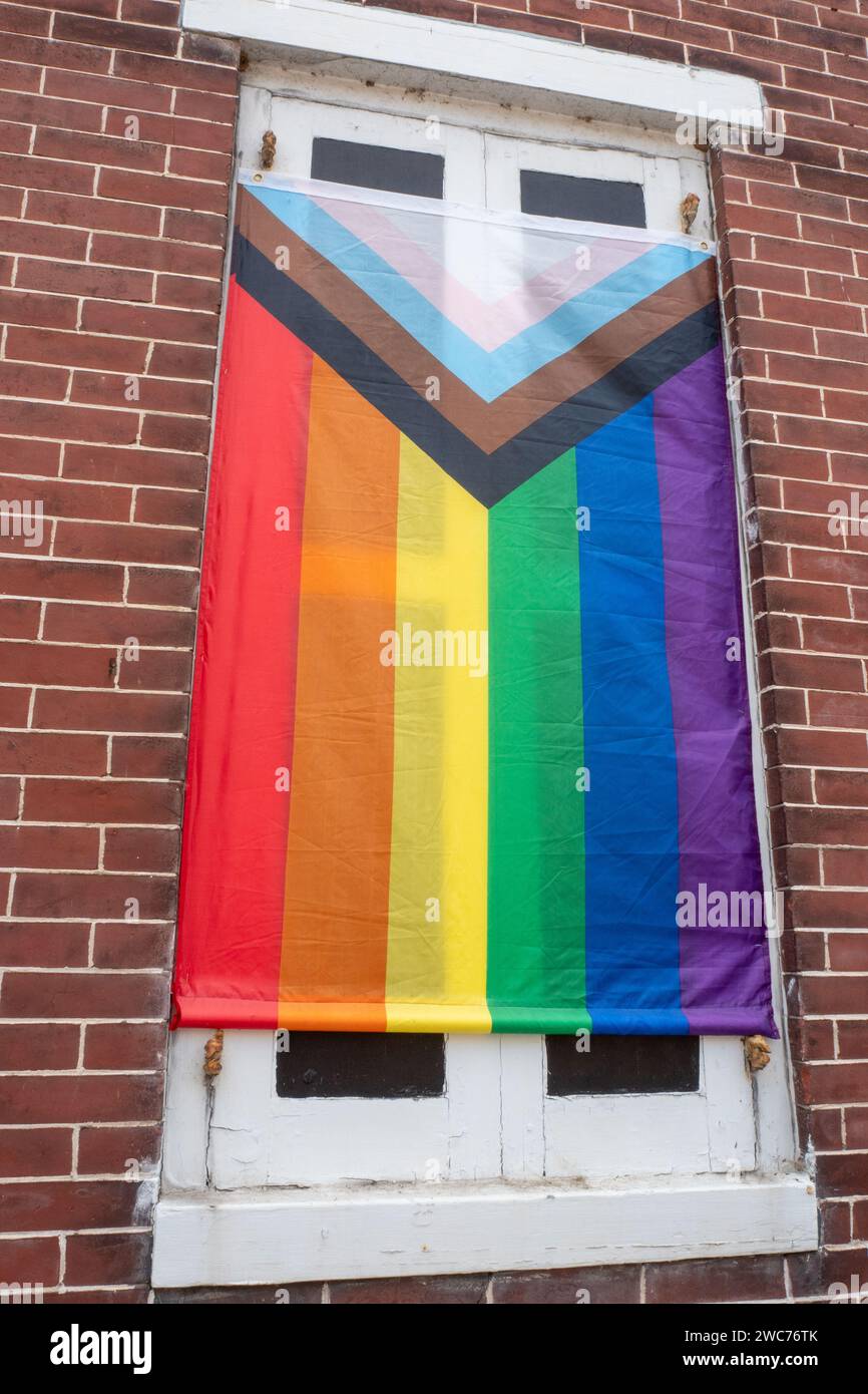 A vibrant rainbow flag is gracefully displayed on a windowsill ...