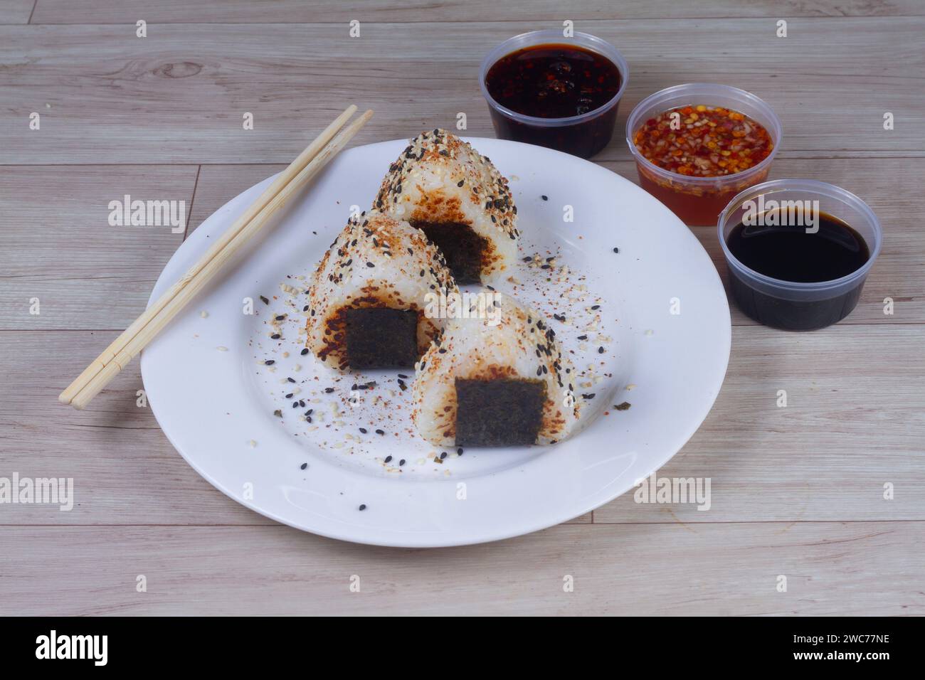 Prawns Poke Sticky Rice Cakes japanese food. japanese Rice Balls Stock ...