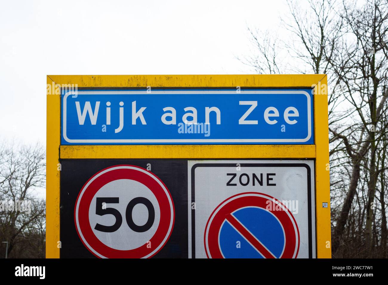 Place name sign of the coastal village of Wijk aan Zee, The Netherlands ...