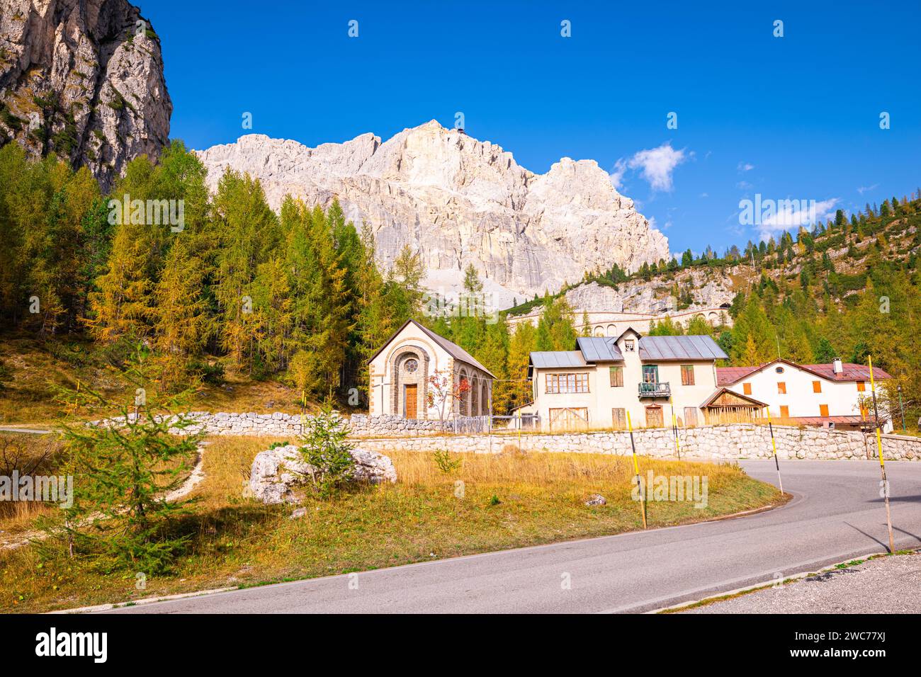 Scenic buildings along the road to the summit of Passo Falzarego in the ...