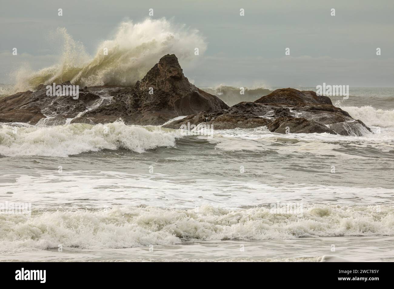 WA25012-00...WASHINGTON - Surf breaking on rocks on the Pacific Coast ...