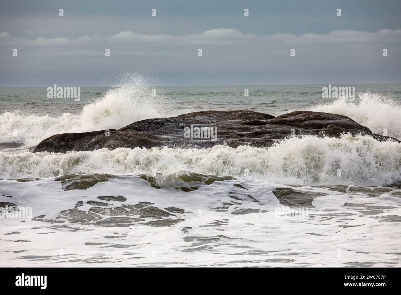 WA25016-00...WASHINGTON - Surf breaking on an off shore rock on the ...