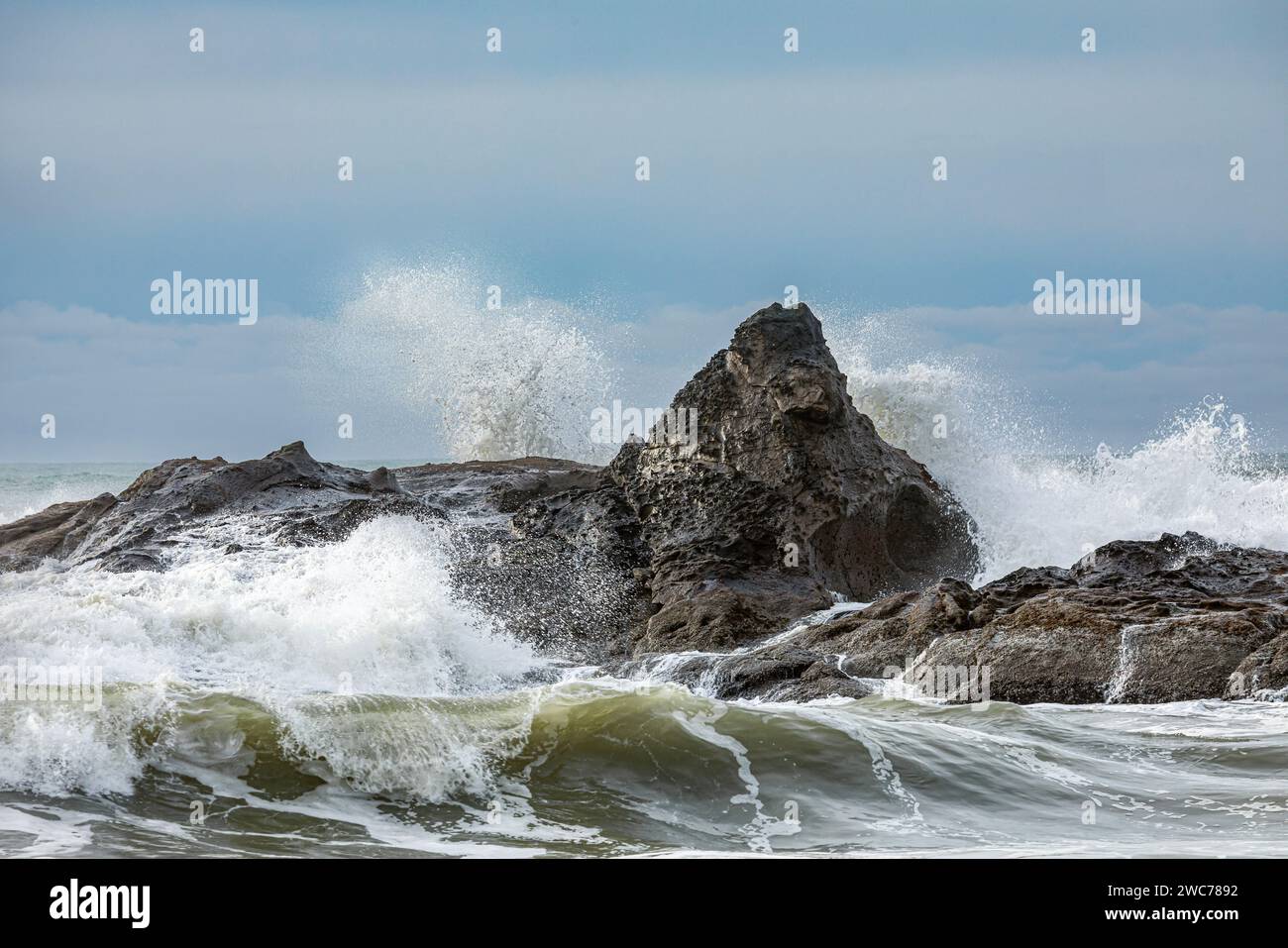 WA25019-00...WASHINGTON - Surf breaking on an off shore rock on the ...
