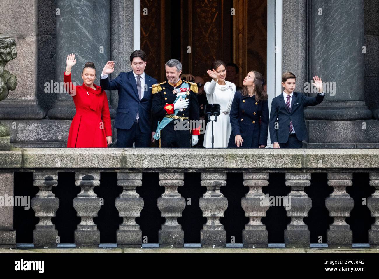 Copenhagen, Denmark. 14 January, 2024. King Frederik X, Queen Mary, Crown Prince Christian ...
