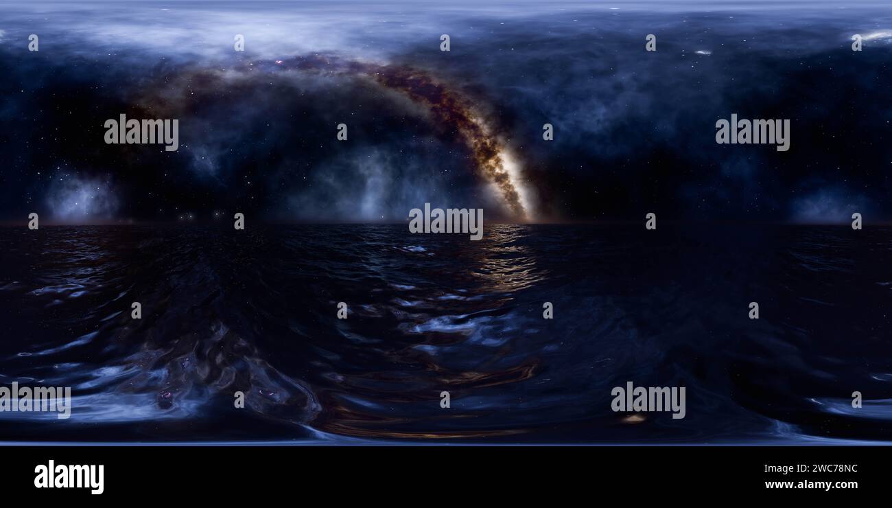wide ocean sea with stars sky milky way above 360 panorama vr ...