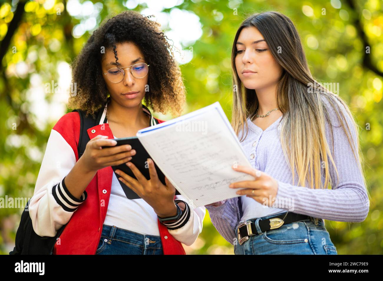 Female multiethnic students having a conversation outdoor Stock Photo - Alamy