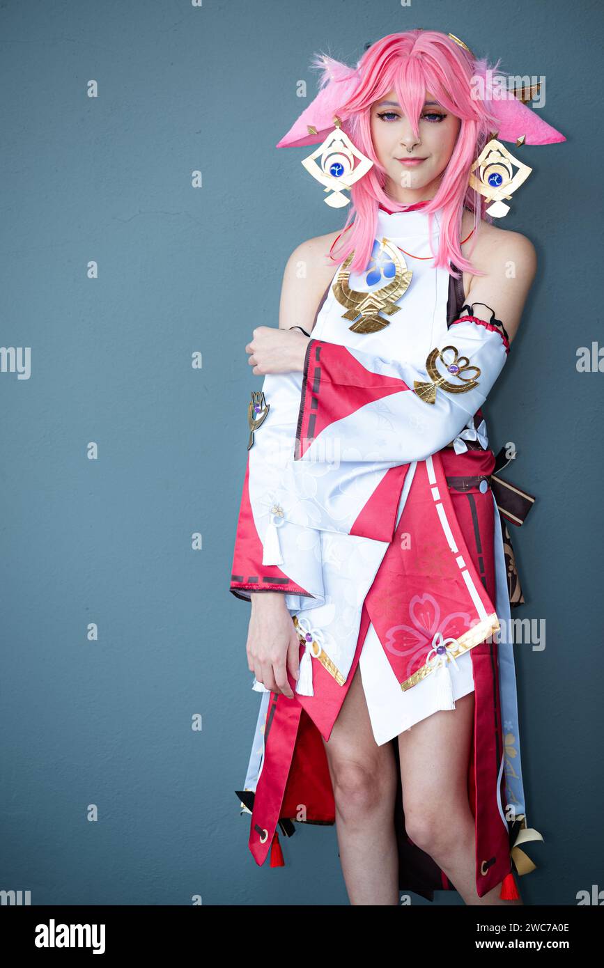 A Female cosplayer in a pink anime costume wearing pink hair Stock ...