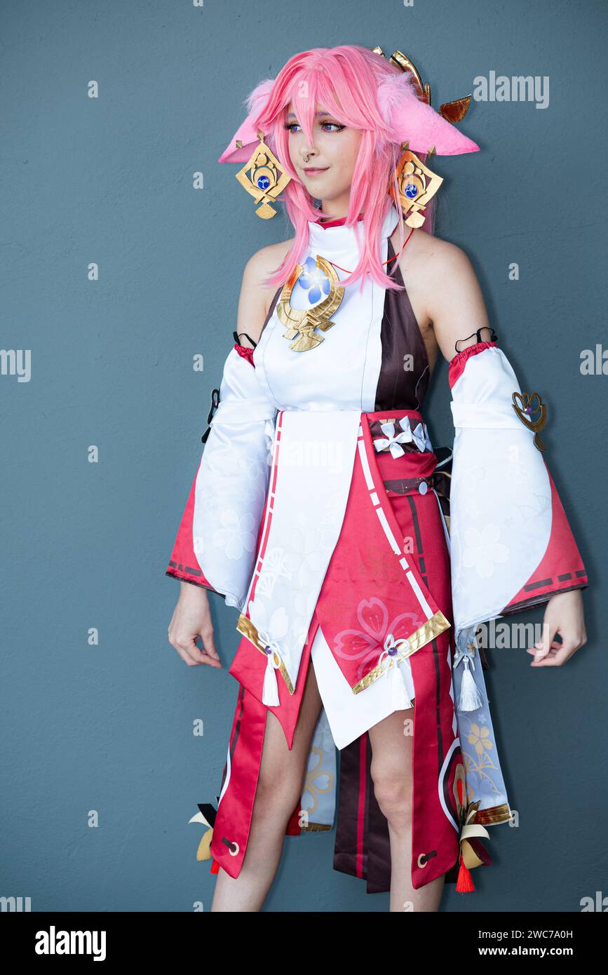 A Female cosplayer in a pink anime costume wearing pink hair Stock ...