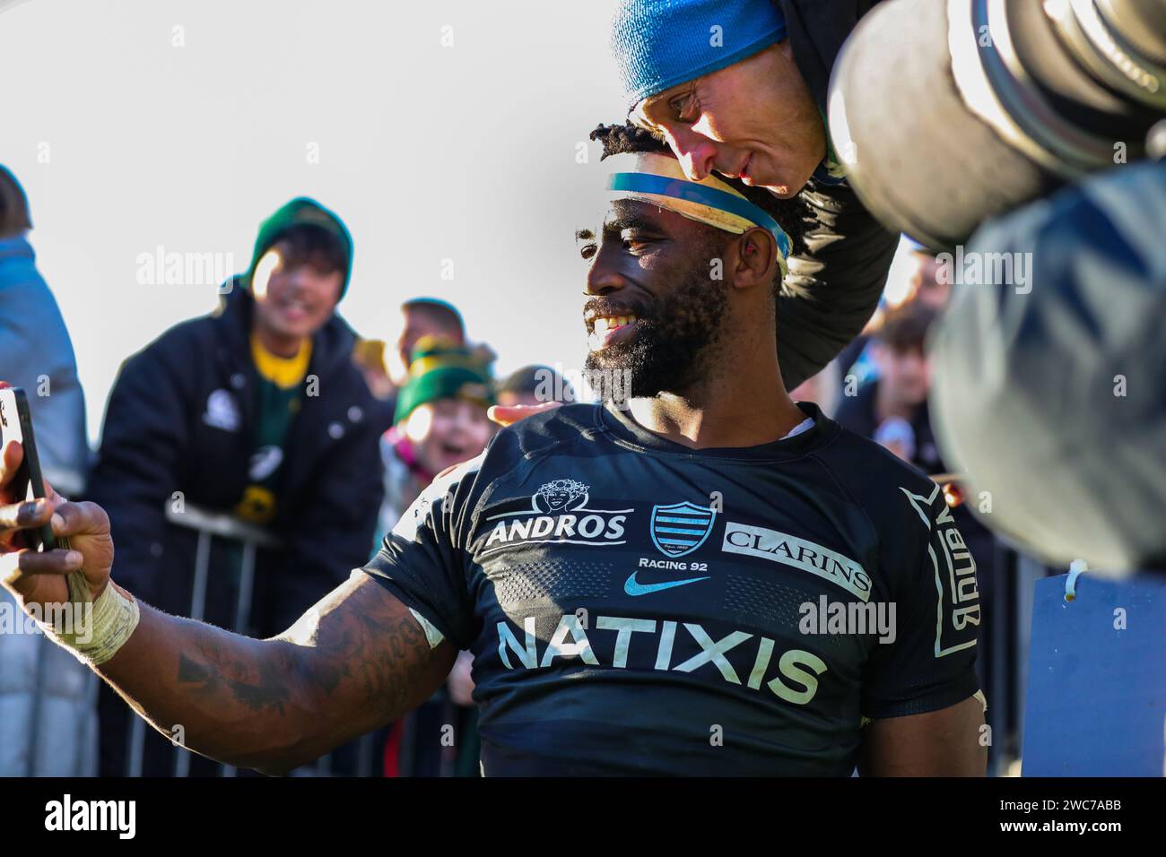 Bath, England. 14th January, 2024. Racing 92's Siya Kolisi with a fan ...