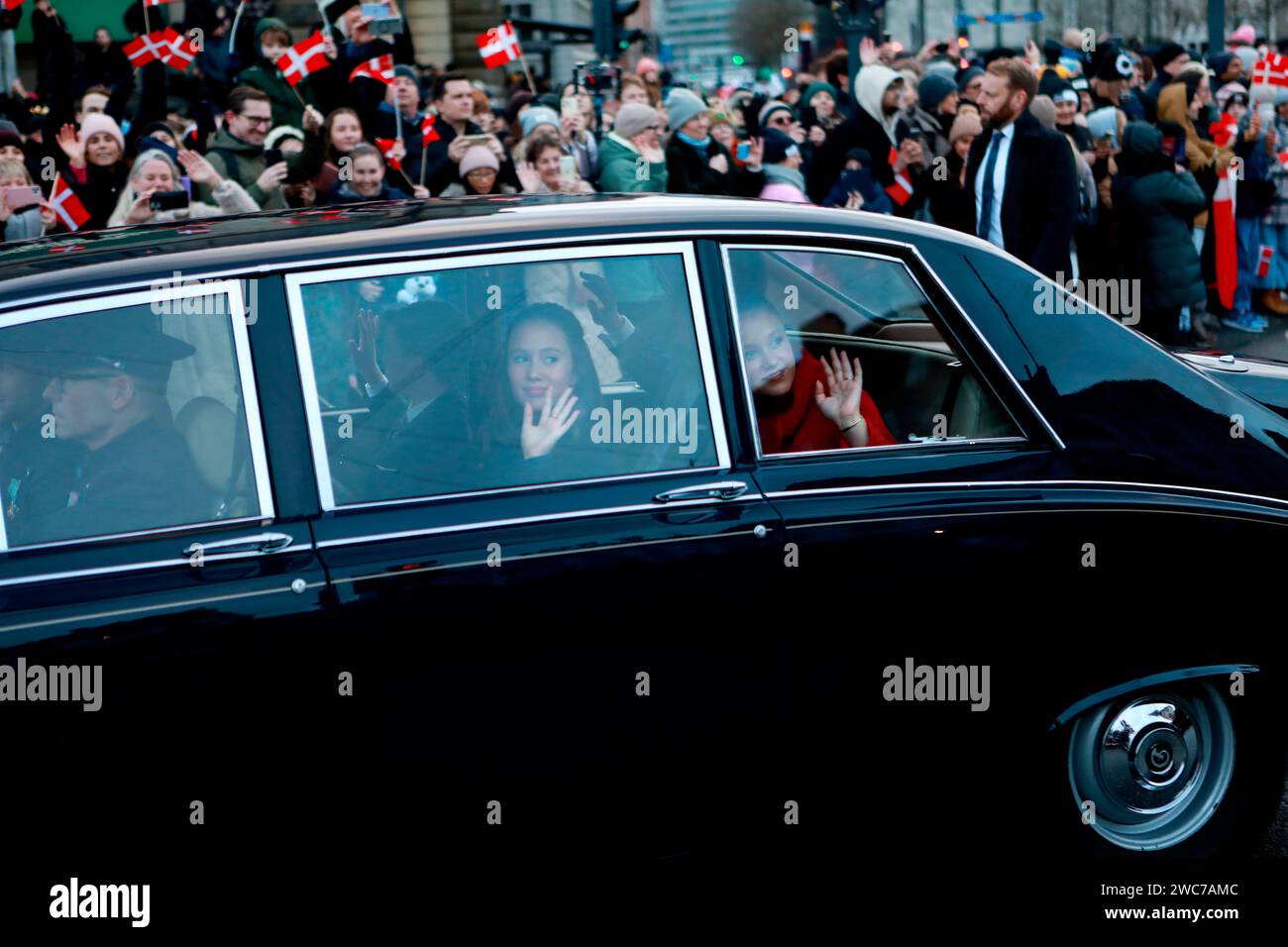 Copenhagen, Denmark. 14 January, 2024. The royal couple's children ...