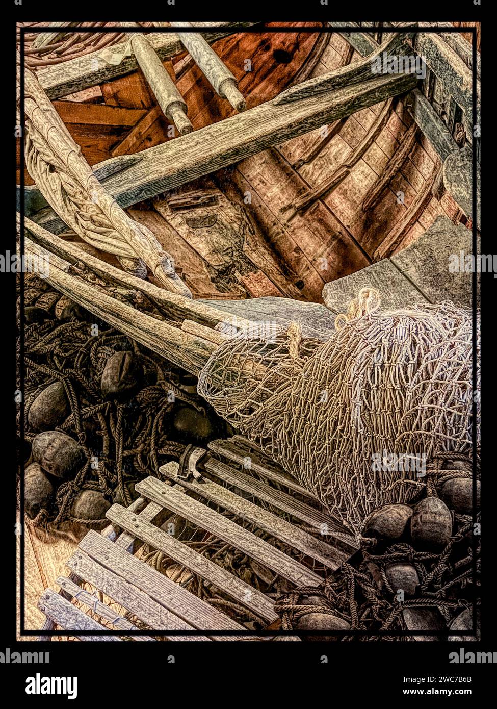 An array of old lobster traps and floats Stock Photo - Alamy