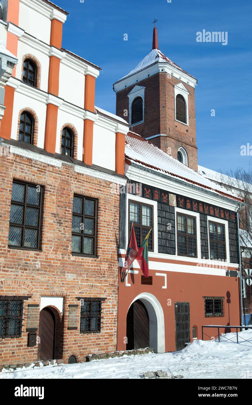 The Winter view of historic Kaunas old town houses with flags and ...