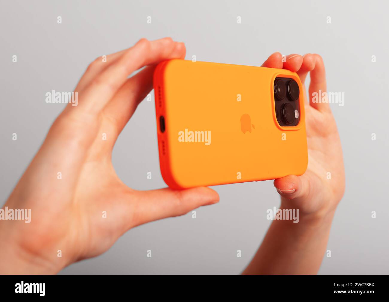 Berlin Germany December 21 2023 Hand holding iphone, taking mobile ...