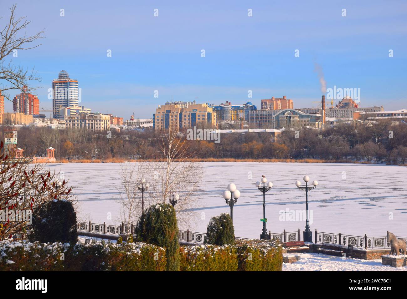 The empty wooden table top with blur background of winter in Finland ...