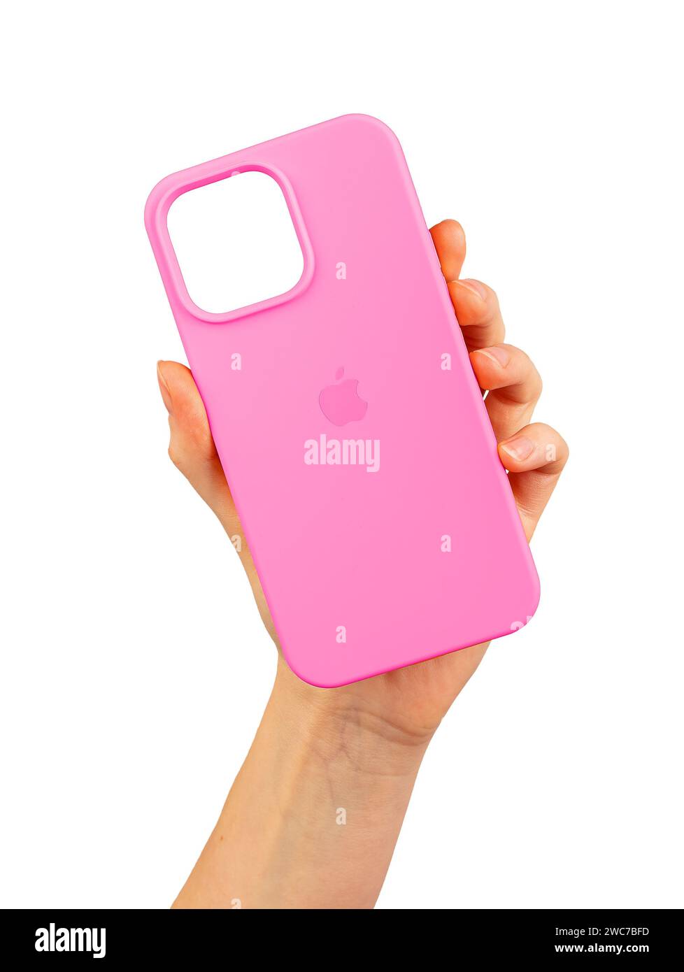 Berlin Germany December 21 2023 Pink phone case in hand. Silicone cover ...