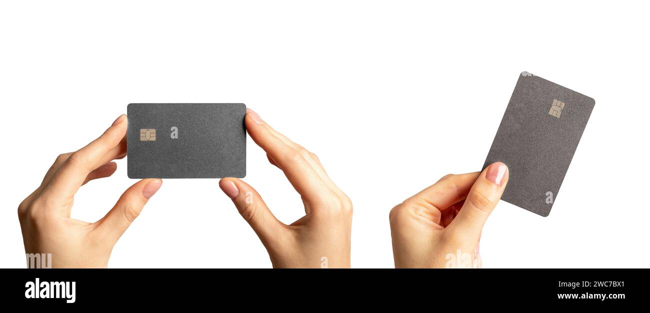 Hand holding bank debit card mockup, plastic bankcard, isolated on ...