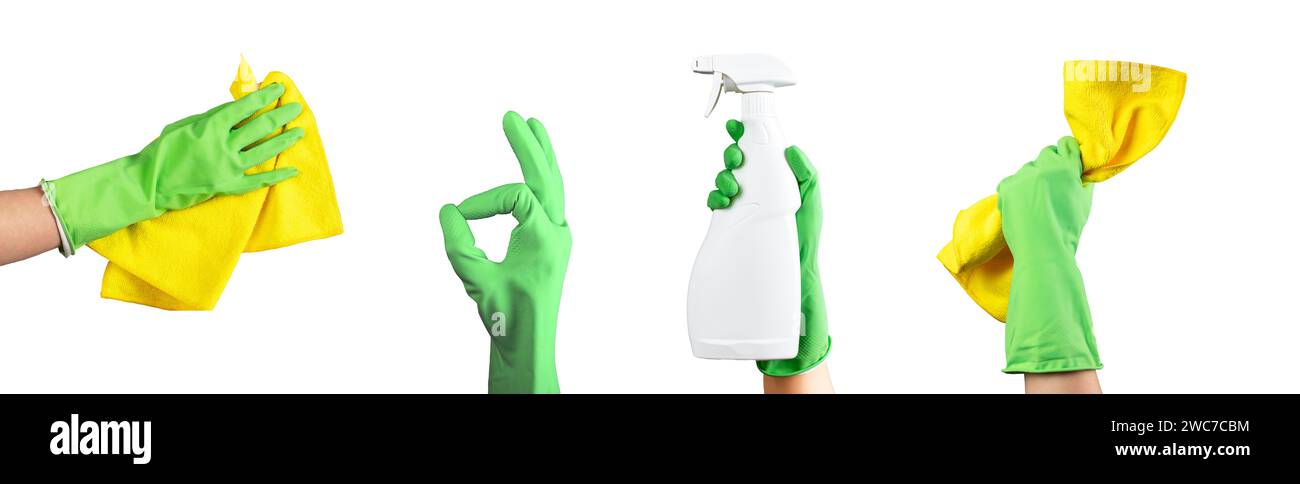 Hands holding cleaning wiper, microfiber cloth, duster, spray bottle ...