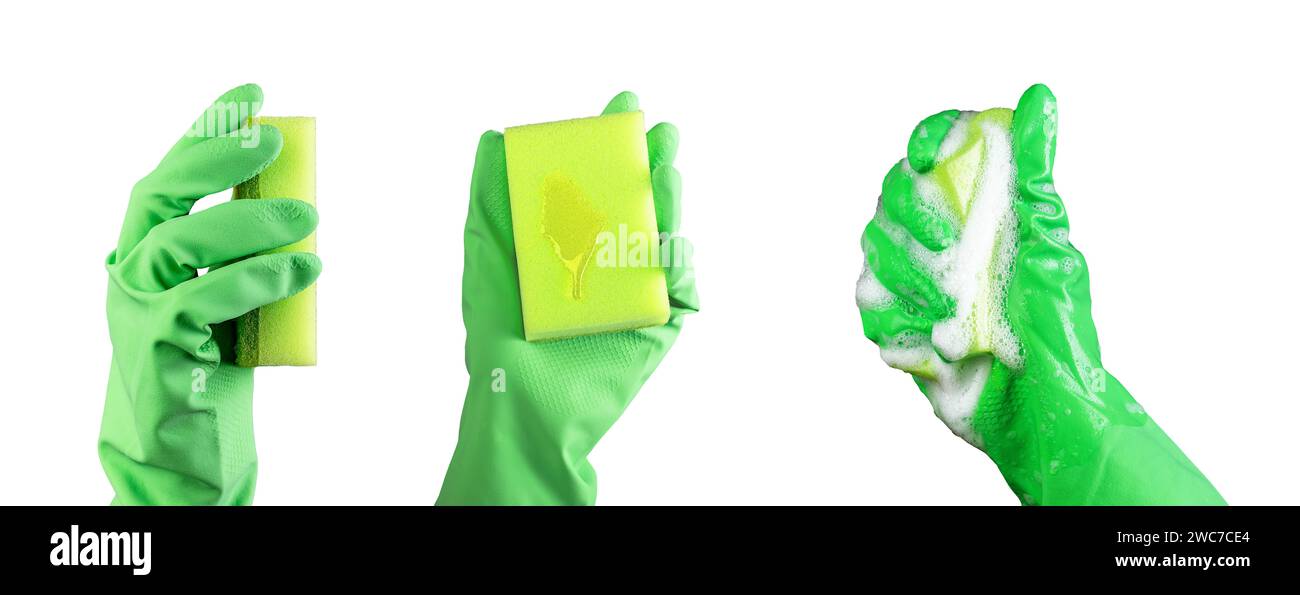 Hands holding Washing sponges, cleaning items isolated on white ...