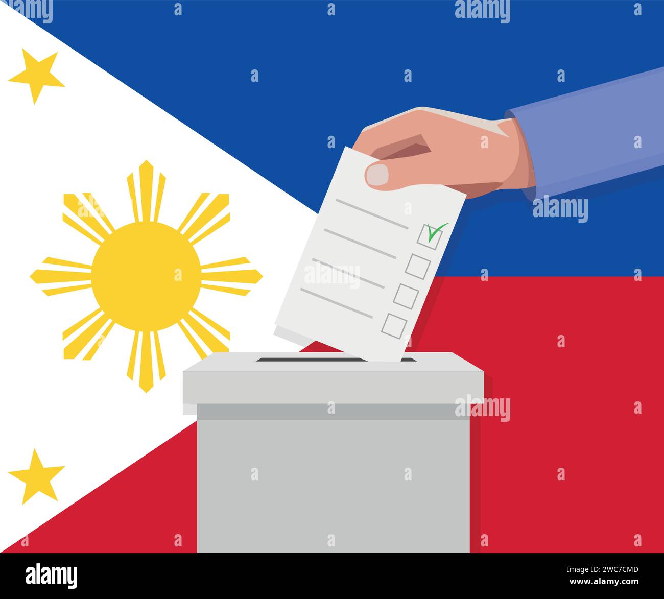 Philippines election concept. Hand puts vote bulletin into vote box ...