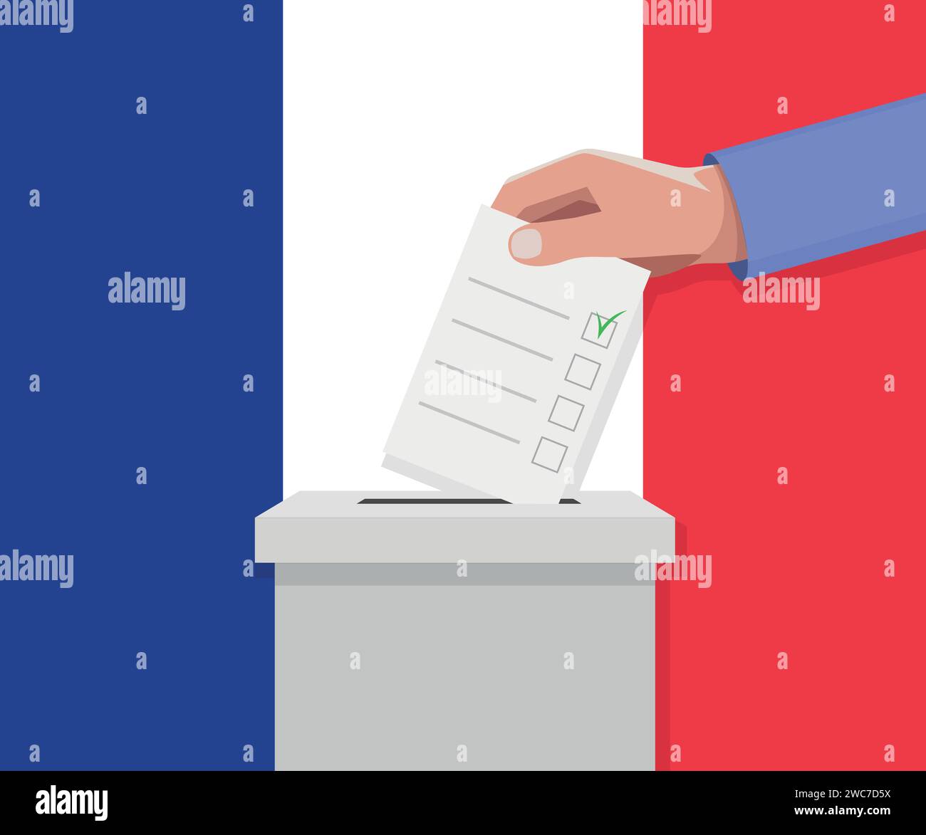 France election concept. Hand puts vote bulletin into vote box Stock ...