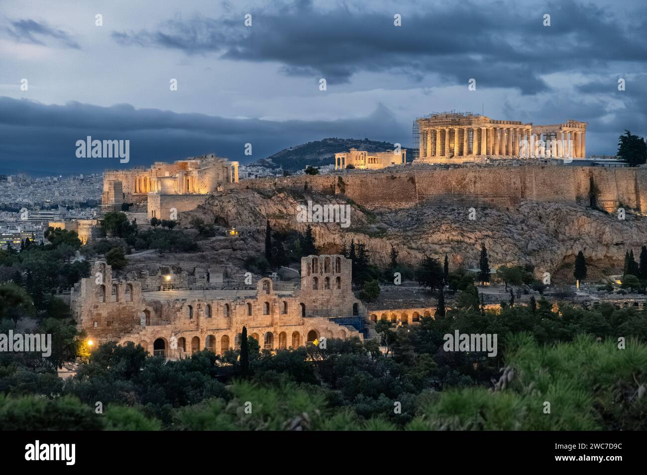 Aerial view of Acropolis of Athens with Parthenon temple in the night in Athens, Greece. Ancient ...