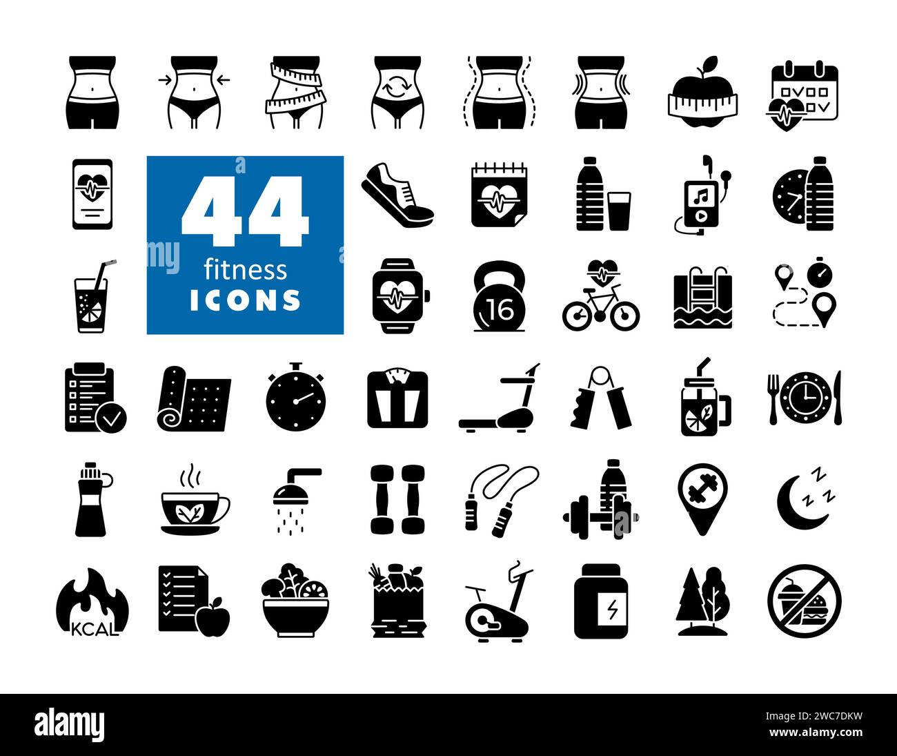 Fitness and health vector solid icon set. Graph symbol for fitness and ...