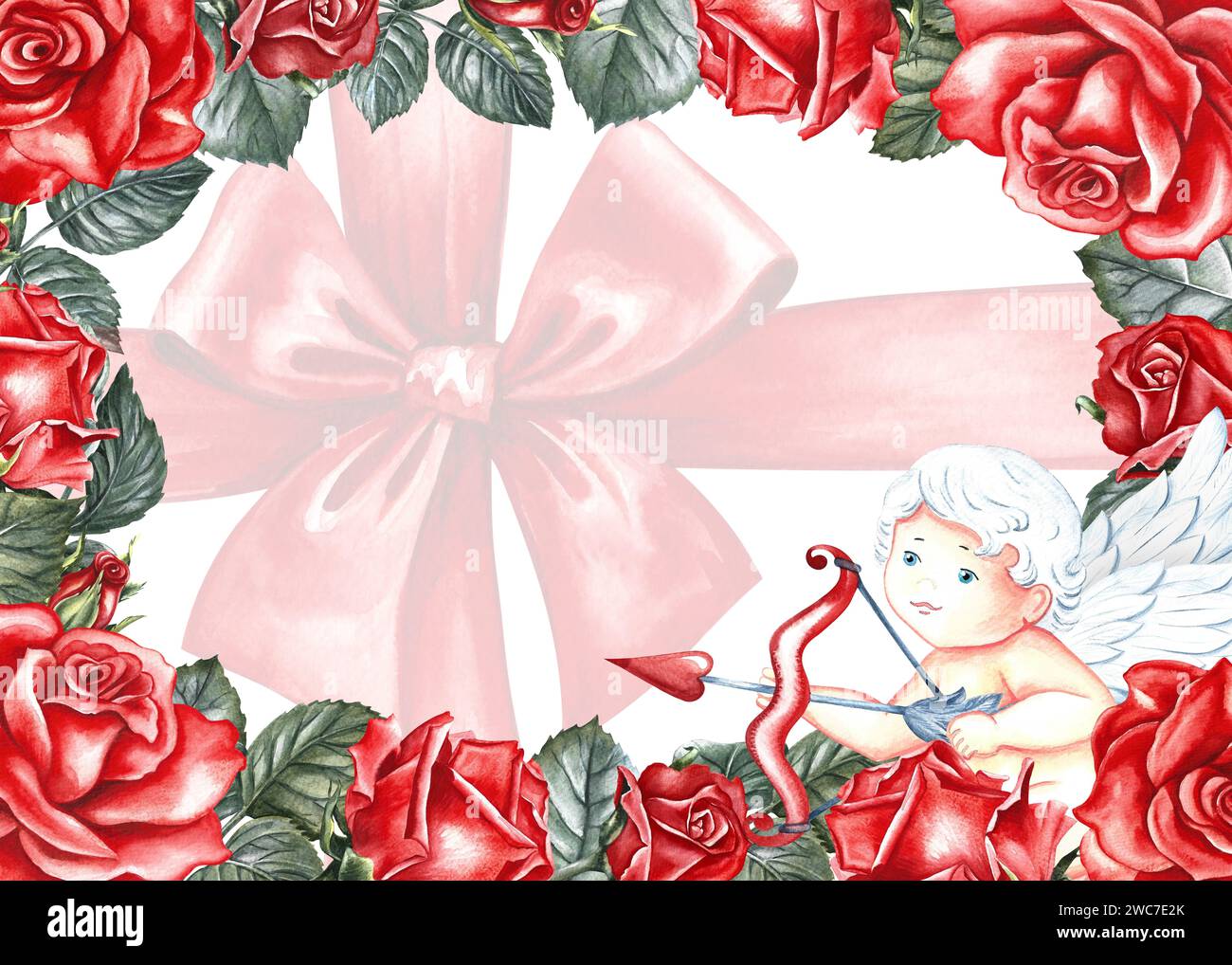 A frame with red roses and a cupid and a red bow. Hand-drawn watercolor ...