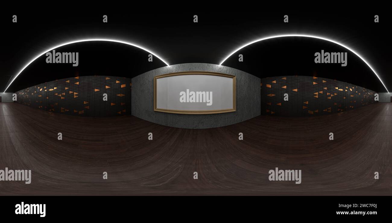 A Modern Bedroom with Wall-Mounted Mirror and LED Lights 360 panorama ...