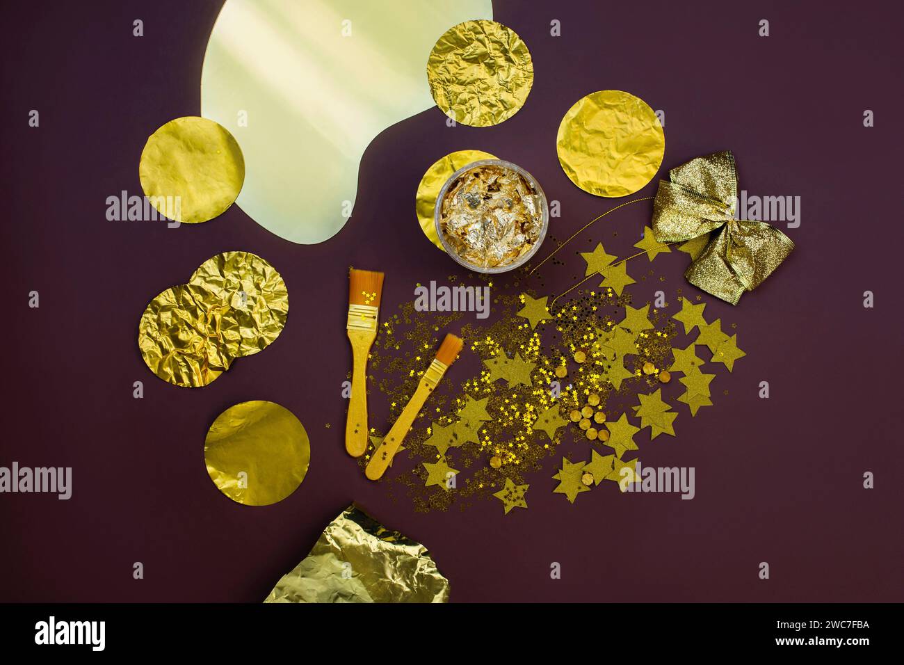 Gilding gold sheet with gold accessories and beaten gold. Composition ...