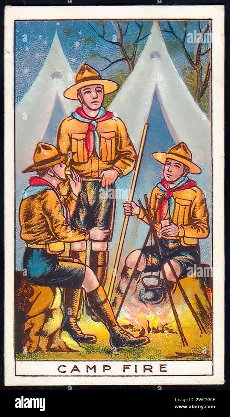 Boy Scouts, Camp Fire - Vintage British Tradecard Illustration Stock ...