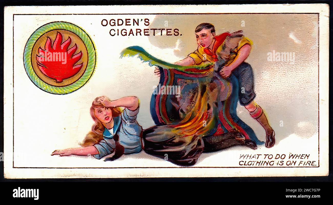 Clothing on Fire - Vintage Cigarette Card Illustration Stock Photo - Alamy
