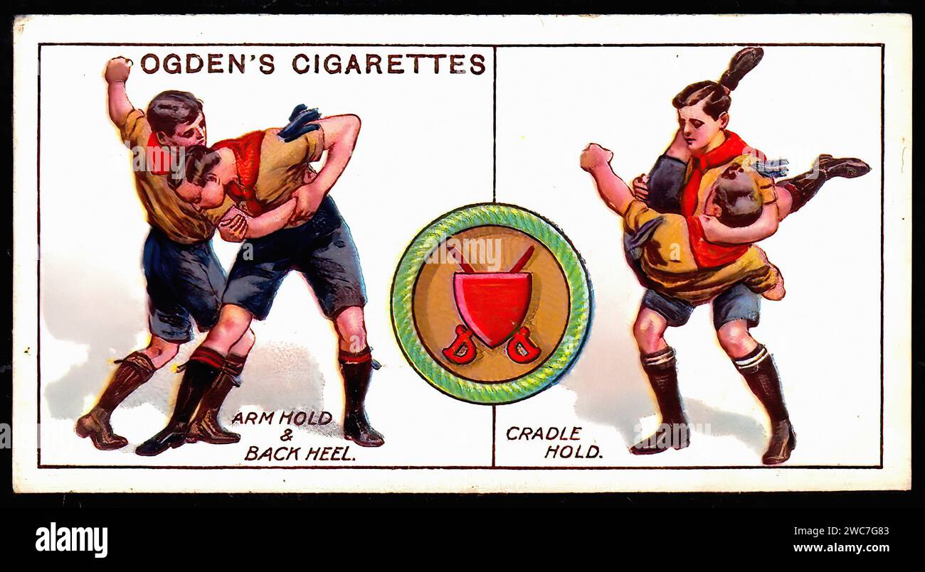 Boy Scouts Wrestling - Vintage Cigarette Card Illustration Stock Photo ...